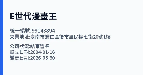 E世代漫畫王的照片-統編 99143894(臺南市) 公司登記資料與營業項目詳細圖表
