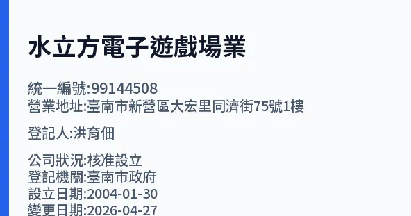水立方電子遊戲場業的照片-統編 99144508(臺南市) 公司登記資料與營業項目詳細圖表