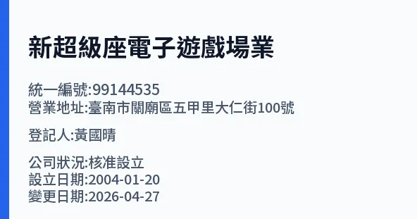 新超級座電子遊戲場業的照片-統編 99144535(臺南市) 公司登記資料與營業項目詳細圖表