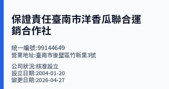 保證責任臺南市洋香瓜聯合運銷合作社的照片-統編 99144649(臺南市) 公司登記資料與營業項目詳細圖表