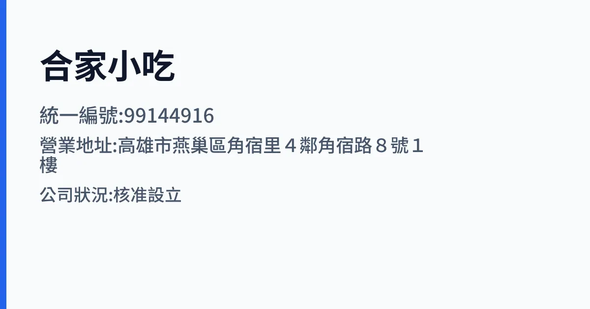 合家小吃 - 統編 99144916(高雄市) 公司登記資料與營業項目詳細圖表