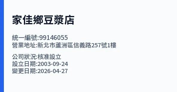 家佳鄉豆漿店的照片-統編 99146055(新北市) 公司登記資料與營業項目詳細圖表