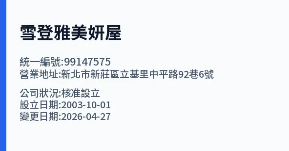 雪登雅美妍屋的照片-統編 99147575(新北市) 公司登記資料與營業項目詳細圖表