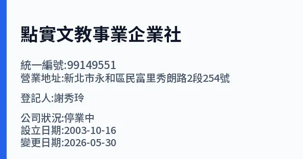 點實文教事業企業社的照片-統編 99149551(新北市) 公司登記資料與營業項目詳細圖表