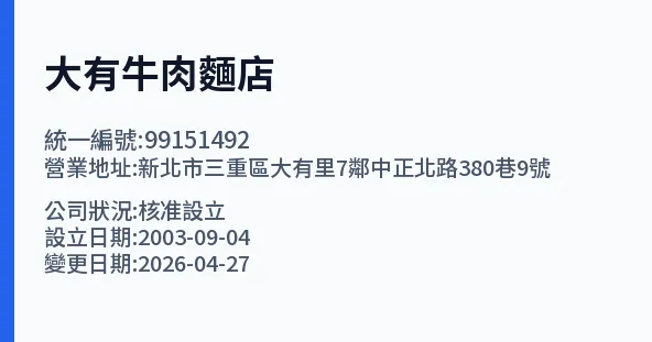 大有牛肉麵店的照片-統編 99151492(新北市) 公司登記資料與營業項目詳細圖表
