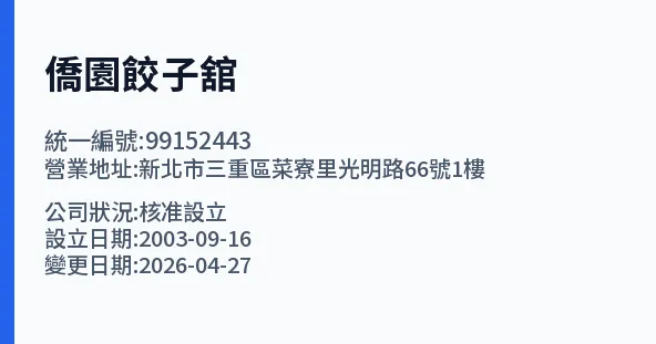 僑園餃子舘的照片-統編 99152443(新北市) 公司登記資料與營業項目詳細圖表