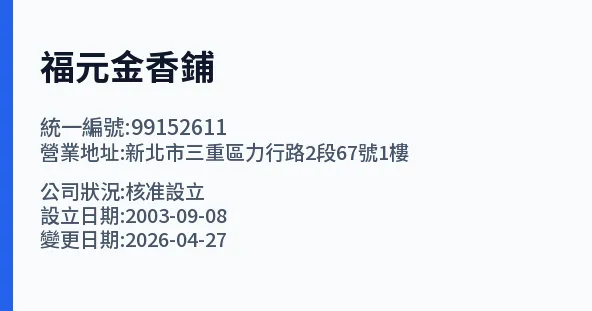 福元金香鋪的照片-統編 99152611(新北市) 公司登記資料與營業項目詳細圖表