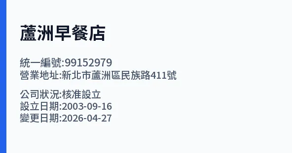 蘆洲早餐店的照片-統編 99152979(新北市) 公司登記資料與營業項目詳細圖表