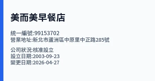 美而美早餐店的照片-統編 99153702(新北市) 公司登記資料與營業項目詳細圖表