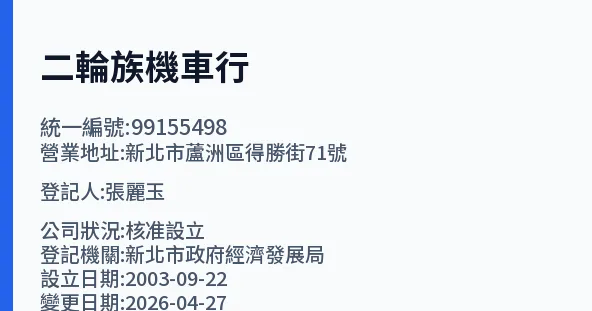 二輪族機車行的照片-統編 99155498(新北市) 公司登記資料與營業項目詳細圖表