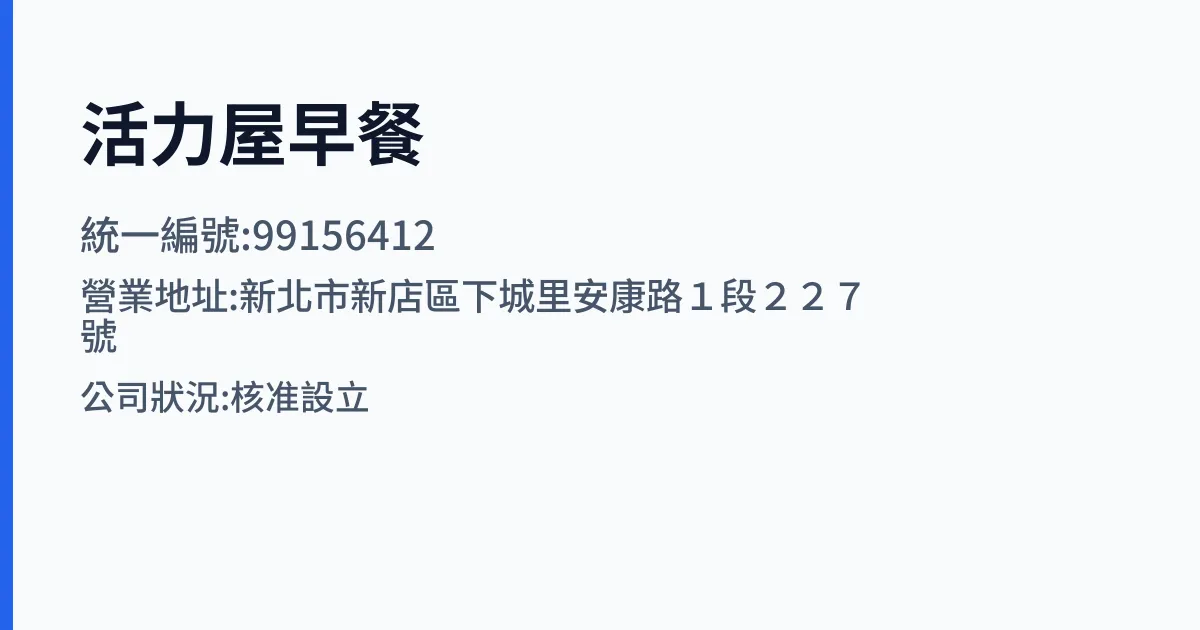 活力屋早餐 - 統編 99156412(新北市) 公司登記資料與營業項目詳細圖表