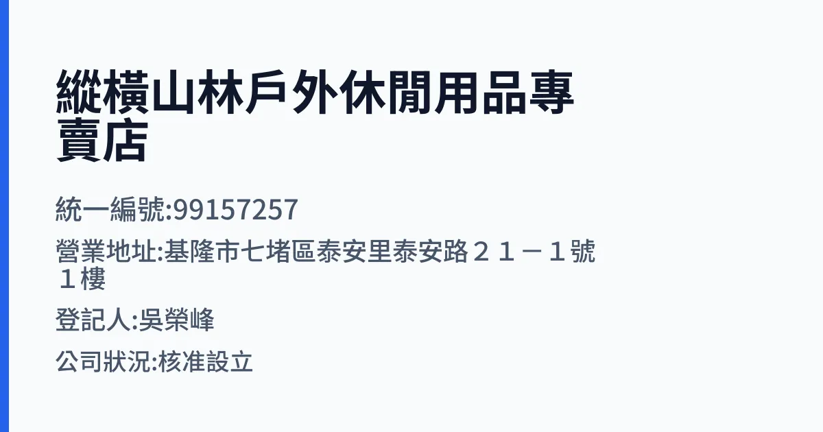 縱橫山林戶外休閒用品專賣店 - 統編 99157257(基隆市) 公司登記資料與營業項目詳細圖表