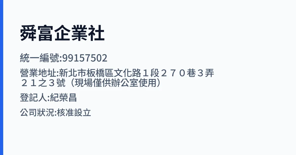 舜富企業社 - 統編 99157502(新北市) 公司登記資料與營業項目詳細圖表