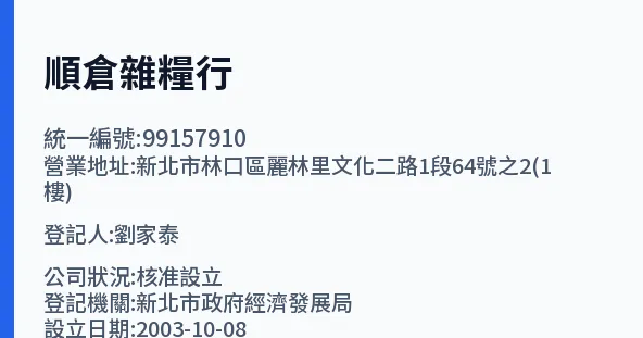 順倉雜糧行的照片-統編 99157910(新北市) 公司登記資料與營業項目詳細圖表