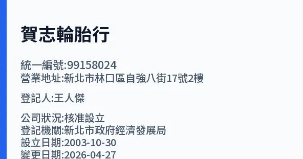 賀志輪胎行的照片-統編 99158024(新北市) 公司登記資料與營業項目詳細圖表