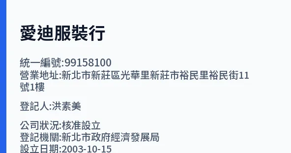 愛迪服裝行的照片-統編 99158100(新北市) 公司登記資料與營業項目詳細圖表