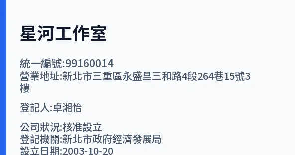 星河工作室的照片-統編 99160014(新北市) 公司登記資料與營業項目詳細圖表