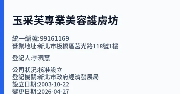 玉采芙專業美容護膚坊的照片-統編 99161169(新北市) 公司登記資料與營業項目詳細圖表