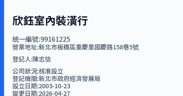 欣鈺室內裝潢行的照片-統編 99161225(新北市) 公司登記資料與營業項目詳細圖表