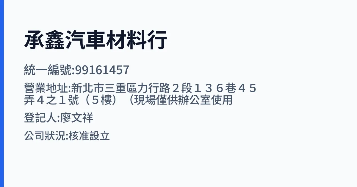 承鑫汽車材料行 - 統編 99161457(新北市) 公司登記資料與營業項目詳細圖表