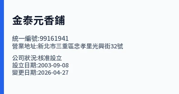 金泰元香鋪的照片-統編 99161941(新北市) 公司登記資料與營業項目詳細圖表