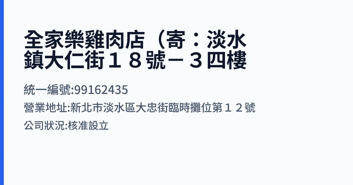 全家樂雞肉店（寄：淡水鎮大仁街１８號－３四樓 - 統編 99162435(新北市) 公司登記資料與營業項目詳細圖表