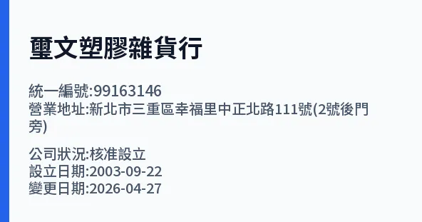 璽文塑膠雜貨行的照片-統編 99163146(新北市) 公司登記資料與營業項目詳細圖表