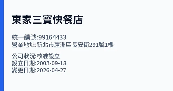 東家三寶快餐店的照片-統編 99164433(新北市) 公司登記資料與營業項目詳細圖表