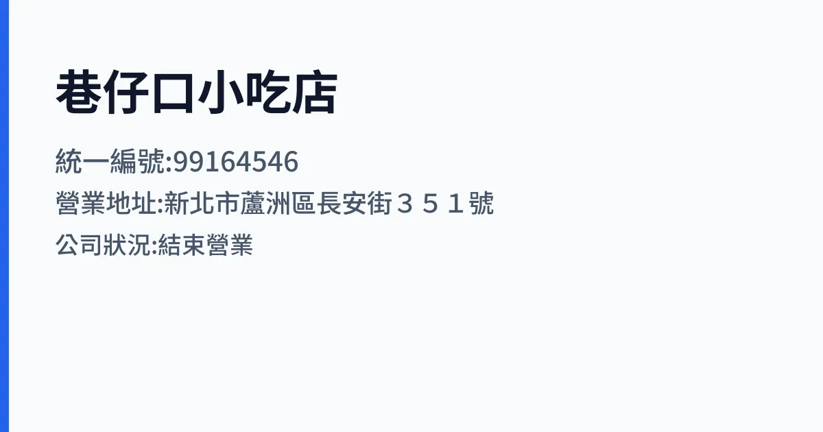 巷仔口小吃店 - 統編 99164546(新北市) 公司登記資料與營業項目詳細圖表