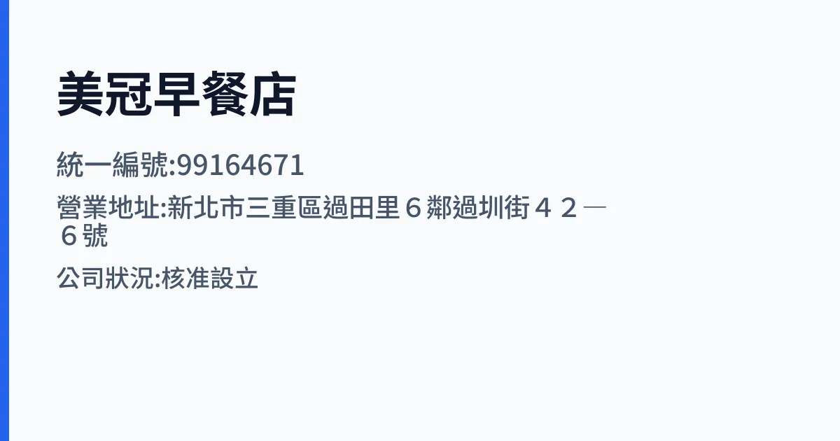 美冠早餐店 - 統編 99164671(新北市) 公司登記資料與營業項目詳細圖表