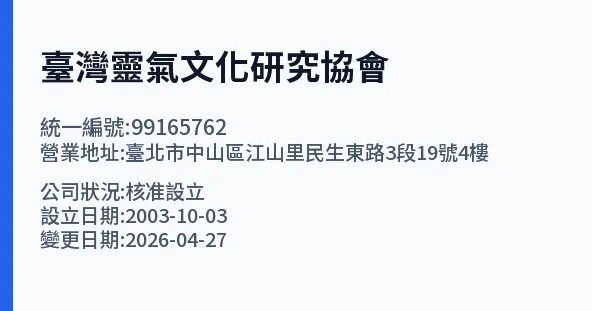 臺灣靈氣文化研究協會的照片-統編 99165762(臺北市) 公司登記資料與營業項目詳細圖表