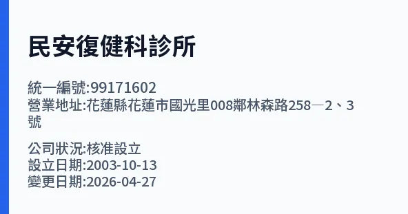 民安復健科診所的照片-統編 99171602(花蓮縣) 公司登記資料與營業項目詳細圖表
