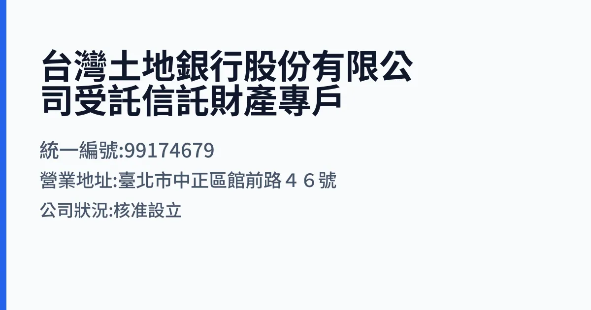 台灣土地銀行股份有限公司受託信託財產專戶 - 統編 99174679(臺北市) 公司登記資料與營業項目詳細圖表