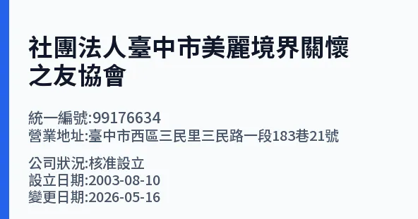 社團法人臺中市美麗境界關懷之友協會的照片-統編 99176634(臺中市) 公司登記資料與營業項目詳細圖表