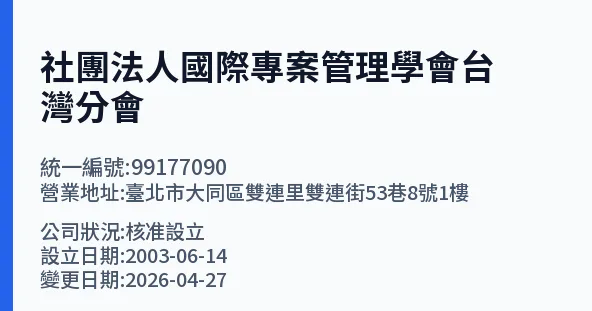 社團法人國際專案管理學會台灣分會的照片-統編 99177090(臺北市) 公司登記資料與營業項目詳細圖表