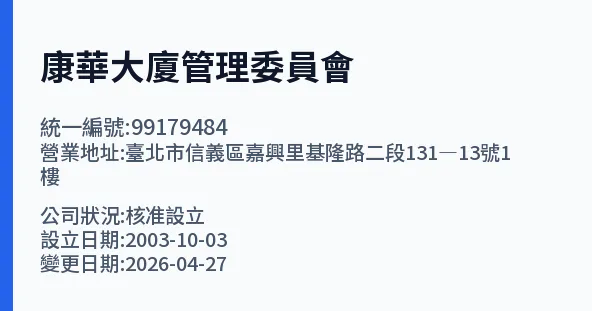 康華大廈管理委員會的照片-統編 99179484(臺北市) 公司登記資料與營業項目詳細圖表