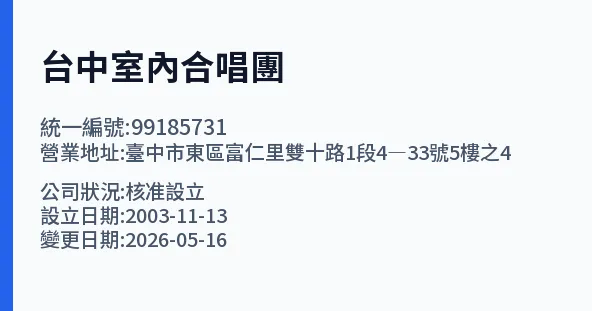 台中室內合唱團的照片-統編 99185731(臺中市) 公司登記資料與營業項目詳細圖表