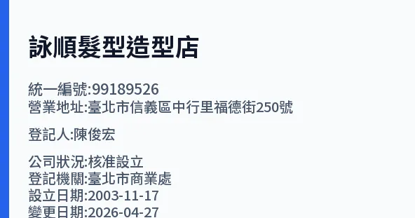 詠順髮型造型店的照片-統編 99189526(臺北市) 公司登記資料與營業項目詳細圖表