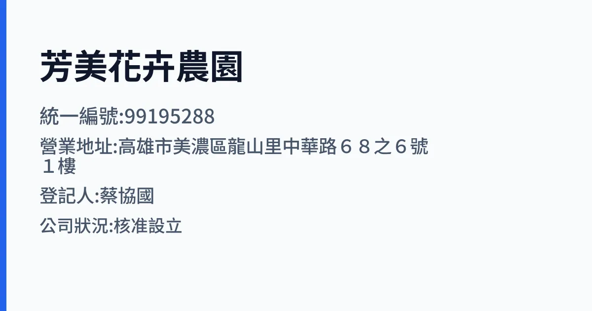 芳美花卉農園 - 統編 99195288(高雄市) 公司登記資料與營業項目詳細圖表