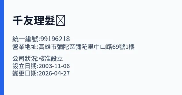 千友理髮廰的照片-統編 99196218(高雄市) 公司登記資料與營業項目詳細圖表