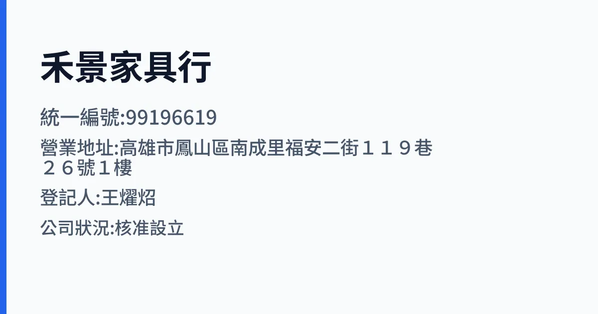 禾景家具行 - 統編 99196619(高雄市) 公司登記資料與營業項目詳細圖表