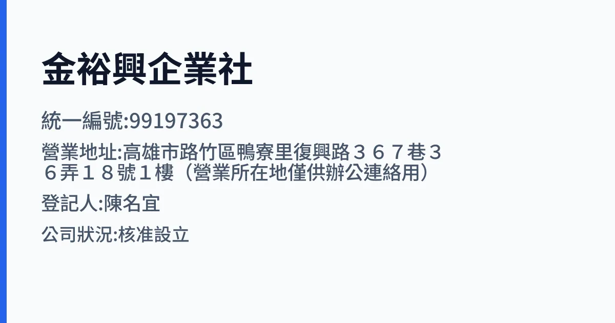 金裕興企業社 - 統編 99197363(高雄市) 公司登記資料與營業項目詳細圖表