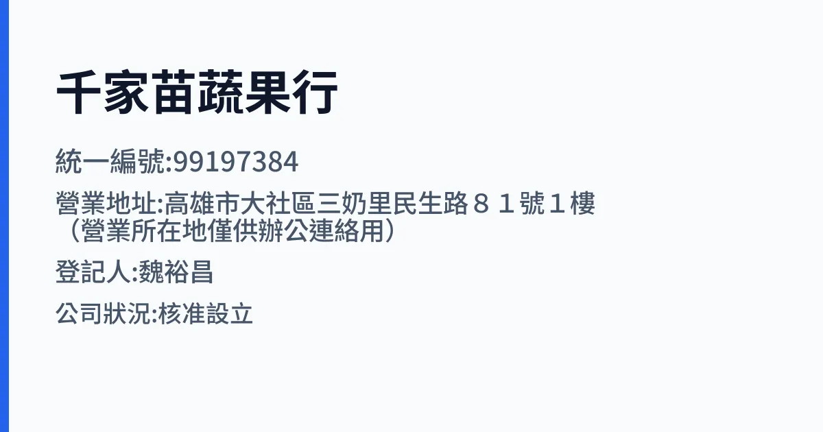 千家苗蔬果行 - 統編 99197384(高雄市) 公司登記資料與營業項目詳細圖表