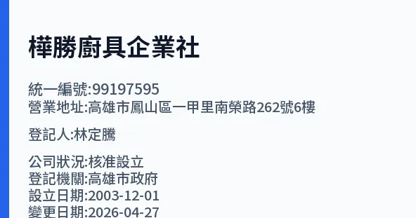 樺勝廚具企業社的照片-統編 99197595(高雄市) 公司登記資料與營業項目詳細圖表