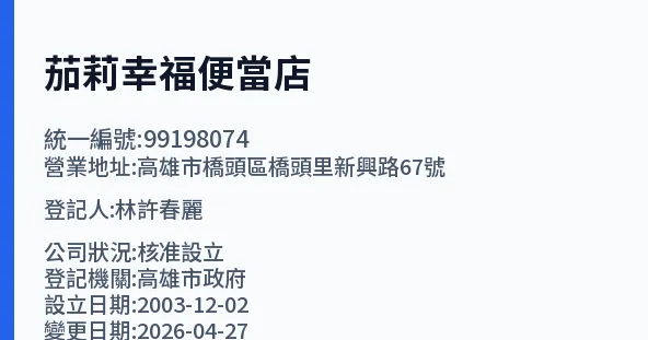 茄莉幸福便當店的照片-統編 99198074(高雄市) 公司登記資料與營業項目詳細圖表