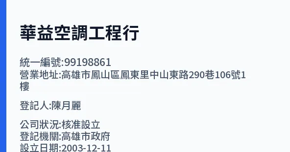 華益空調工程行的照片-統編 99198861(高雄市) 公司登記資料與營業項目詳細圖表