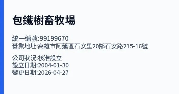 包鐵樹畜牧場的照片-統編 99199670(高雄市) 公司登記資料與營業項目詳細圖表