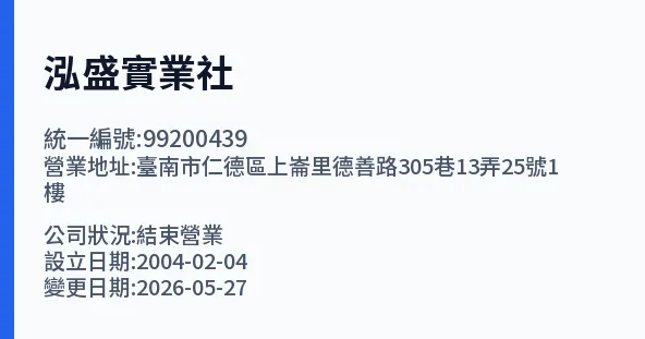 泓盛實業社的照片-統編 99200439(臺南市) 公司登記資料與營業項目詳細圖表
