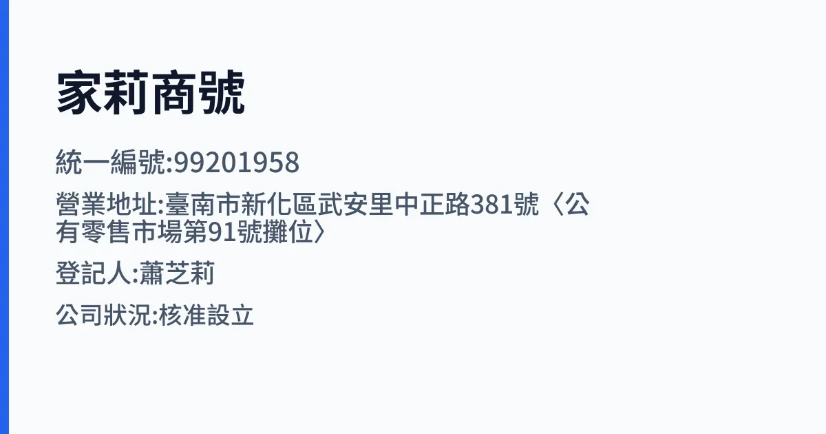 家莉商號 - 統編 99201958(臺南市) 公司登記資料與營業項目詳細圖表