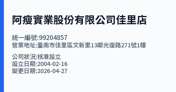 阿瘦實業股份有限公司佳里店的照片-統編 99204857(臺南市) 公司登記資料與營業項目詳細圖表